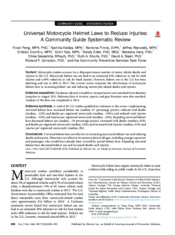 (PDF) Universal Motorcycle Helmet Laws to Reduce Injuries: A Community Guide Systematic Review