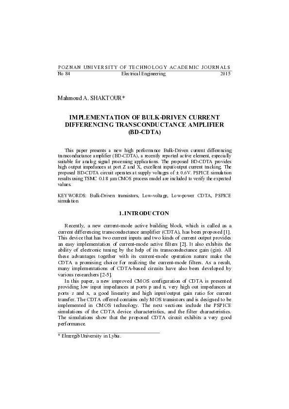 Pdf Implementation Of Bulk Driven Current Differencing Transconductance Amplifier Bd Cdta