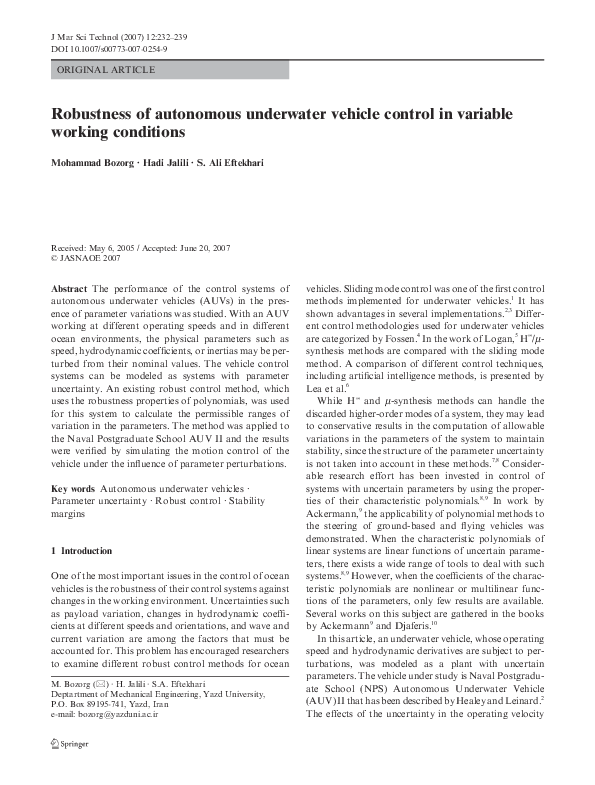 (PDF) Robustness of autonomous underwater vehicle control in variable working conditions