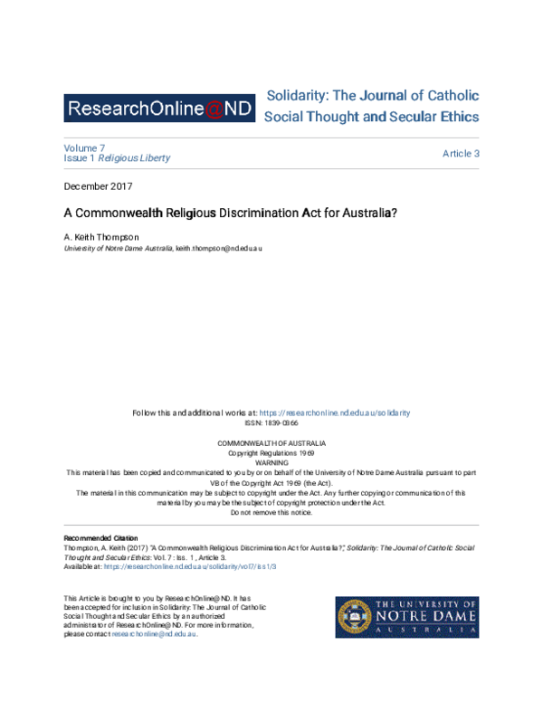 (PDF) A Commonwealth Religious Discrimination Act for Australia
