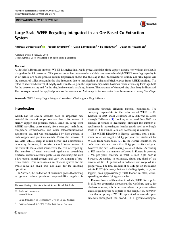 (PDF) Large-Scale WEEE Recycling Integrated in an Ore-Based Cu ...