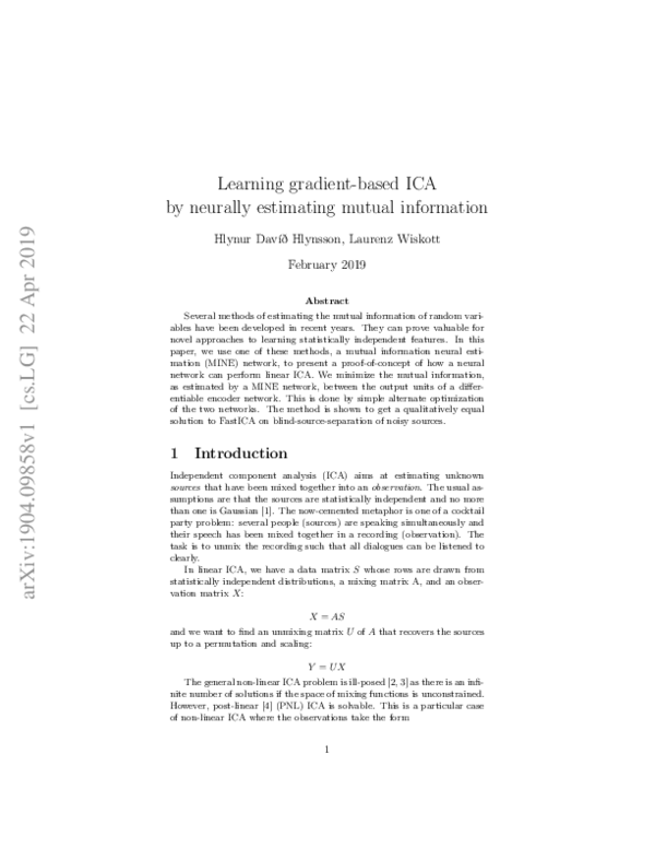 (PDF) Learning Gradient-Based ICA by Neurally Estimating Mutual Information