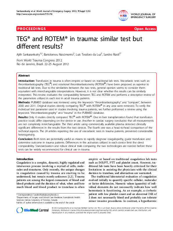 (PDF) TEG® and ROTEM® in trauma: similar test but different results?