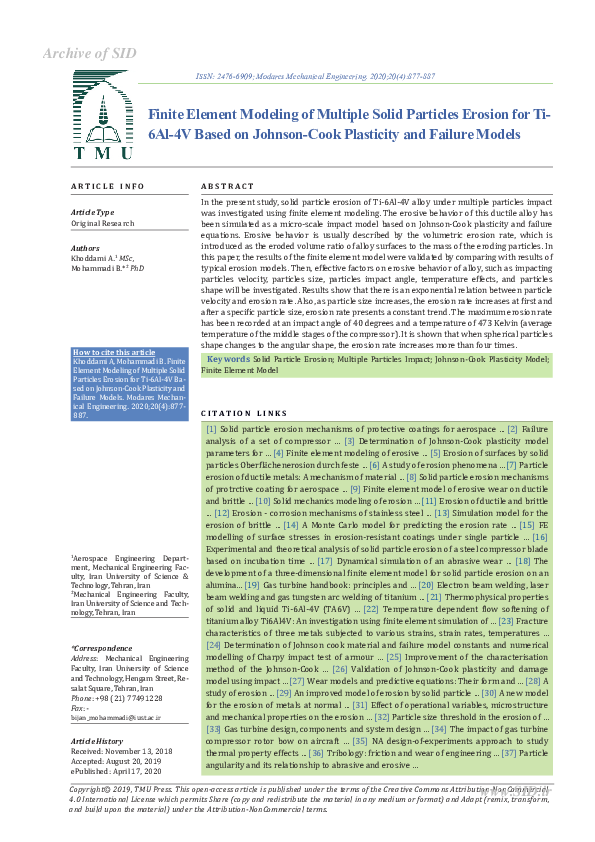 (PDF) Finite Element Modeling of Multiple Solid Particles Erosion for Ti- 6Al-4V Based on ...