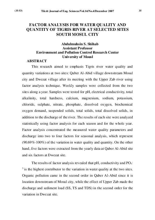 (PDF) Factor Analysis For Water Quality And Quantity of Tigris River At ...
