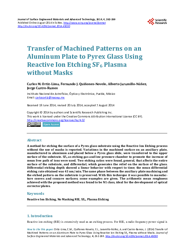 (PDF) Transfer of Machined Patterns on an Aluminum Plate to Pyrex Glass ...