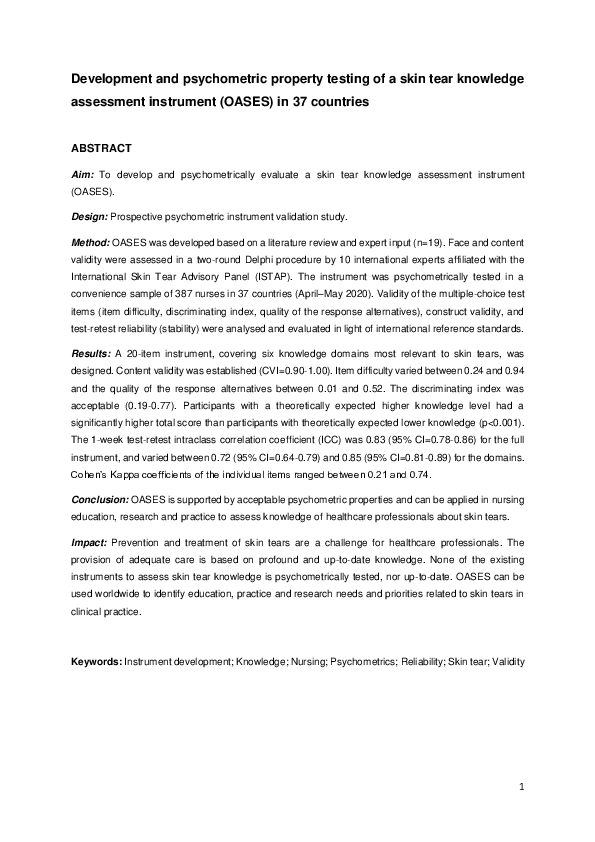 Development and psychometric property testing of a skin tear knowledge ...