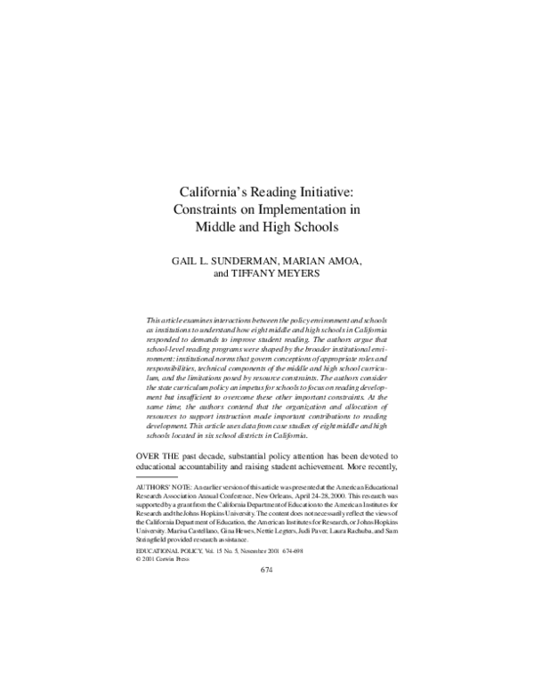 (PDF) California's Reading Initiative: Constraints on Implementation in ...