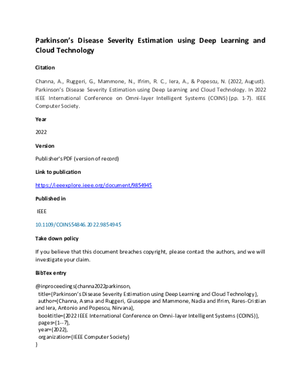 (PDF) Parkinson’s Disease Severity Estimation using Deep Learning and Cloud Technology