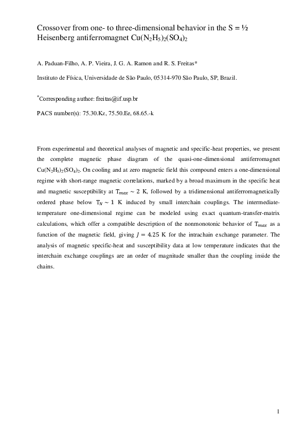 (PDF) Crossover from one- to three-dimensional behavior in the S = 1/2 ...