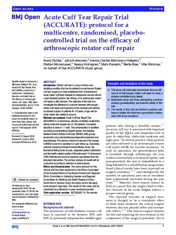 (PDF) Acute Cuff Tear Repair Trial (ACCURATE): protocol for a ...