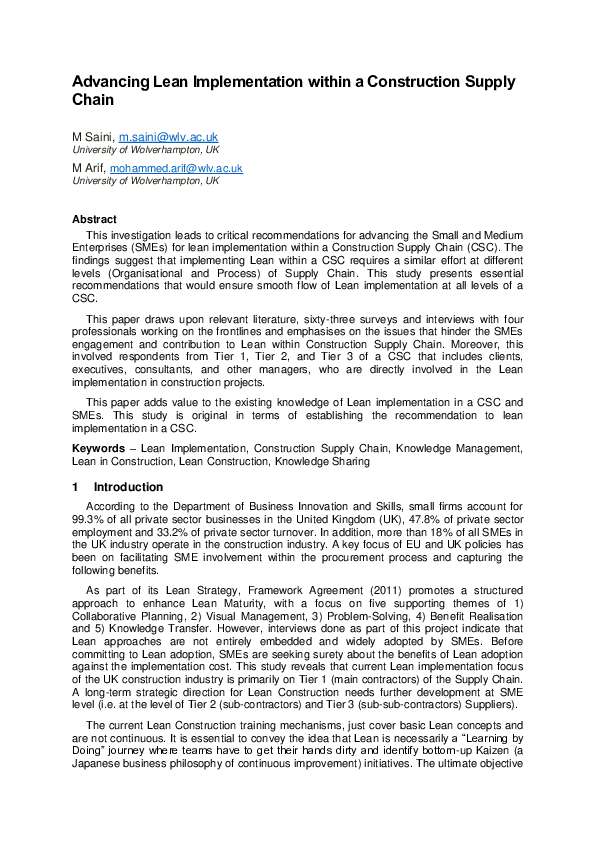 (PDF) Advancing Lean Implementation within a Construction Supply Chain (PDF) Advancing Lean Implementation within a Construction Supply Chain