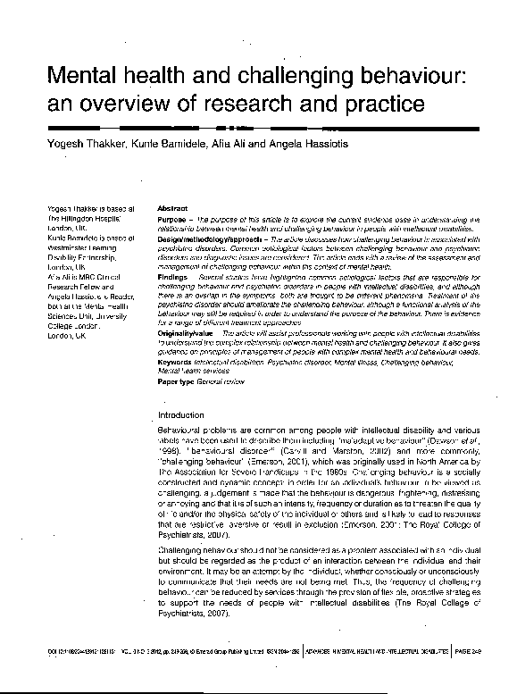 (PDF) Mental health and challenging behaviour: an overview of research ...