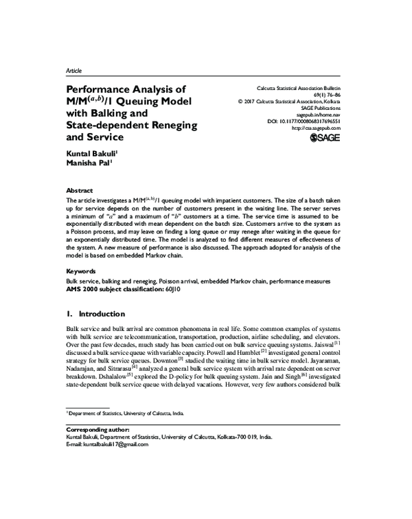 (PDF) Performance Analysis of M/M(a,b)/1 Queuing Model with Balking and ...