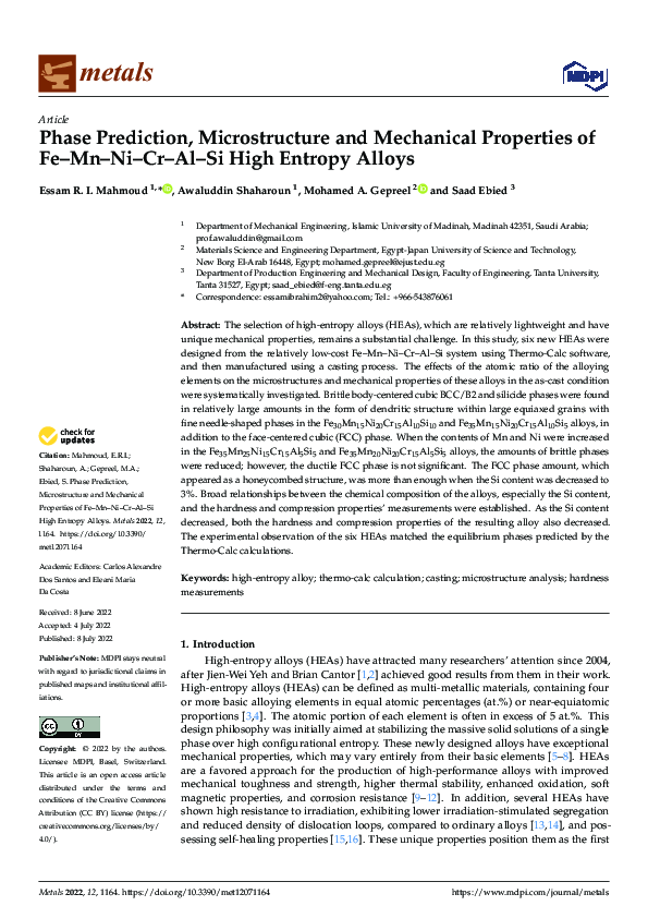 (PDF) Phase Prediction, Microstructure and Mechanical Properties of Fe ...
