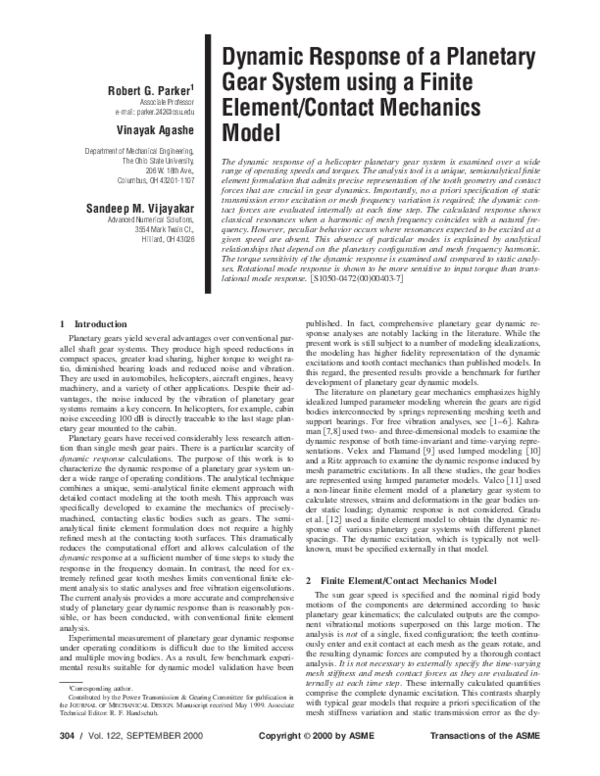 (PDF) Dynamic Response of a Planetary Gear System using a Finite Element/Contact Mechanics Model ...