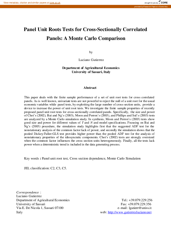 Pdf Panel Unit Roots Tests For Cross Sectionally Correlated Panels A Monte Carlo Comparison