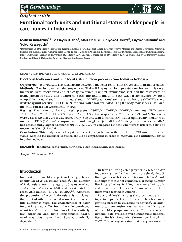 (PDF) Functional tooth units and nutritional status of older people in ...