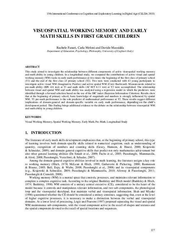 (PDF) Visuospatial working memory and early math skills in first grade children