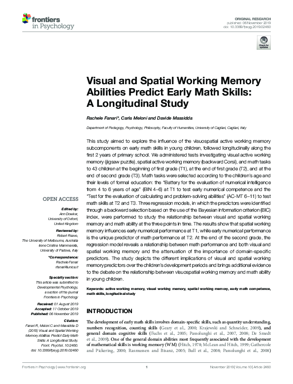 (PDF) Visual and Spatial Working Memory Abilities Predict Early Math Skills: A Longitudinal Study