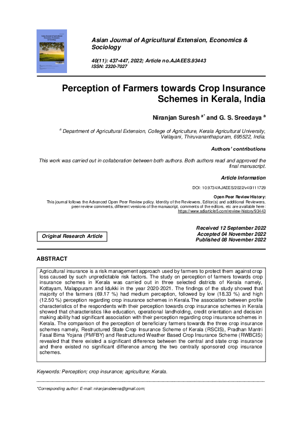 (PDF) Perception of Farmers towards Crop Insurance Schemes in Kerala, India