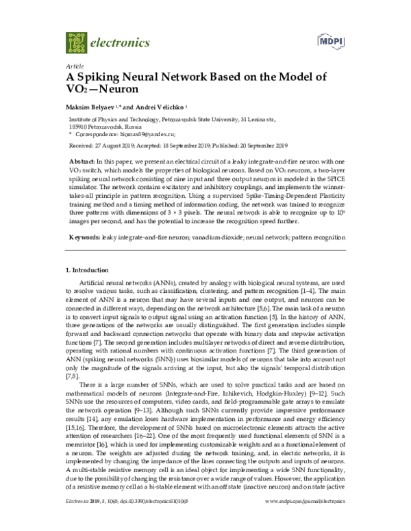 (PDF) A Spiking Neural Network Based on the Model of VO2—Neuron