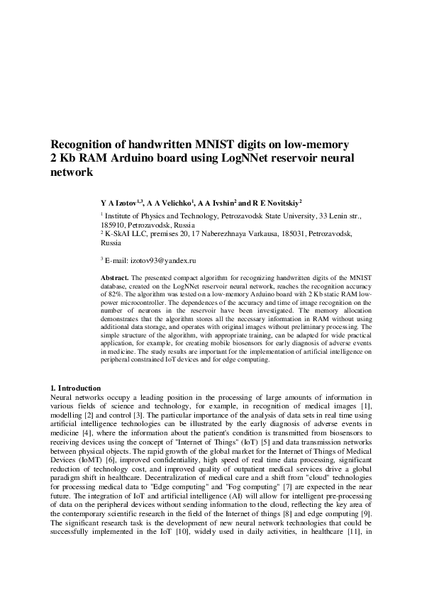 Pdf Recognition Of Handwritten Mnist Digits On Low Memory 2 Kb Ram Arduino Board Using Lognnet