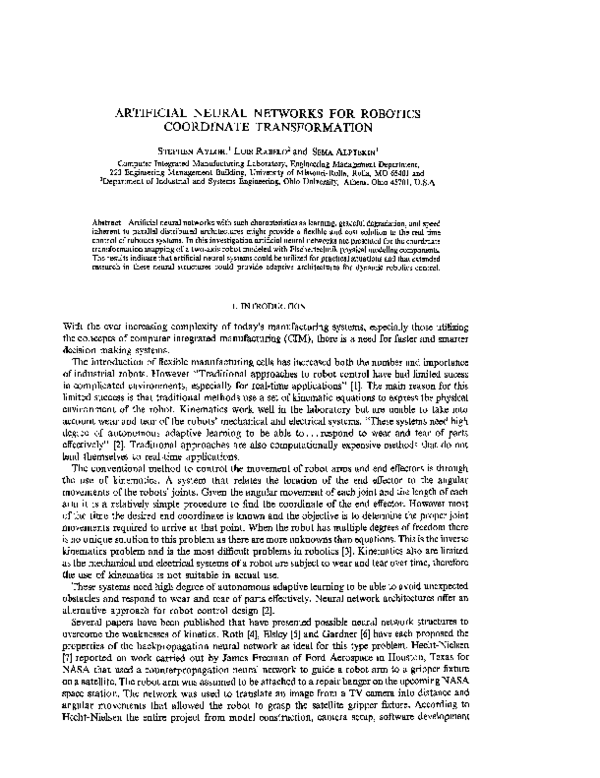 Pdf Artificial Neural Networks For Robotics Coordinate Transformation