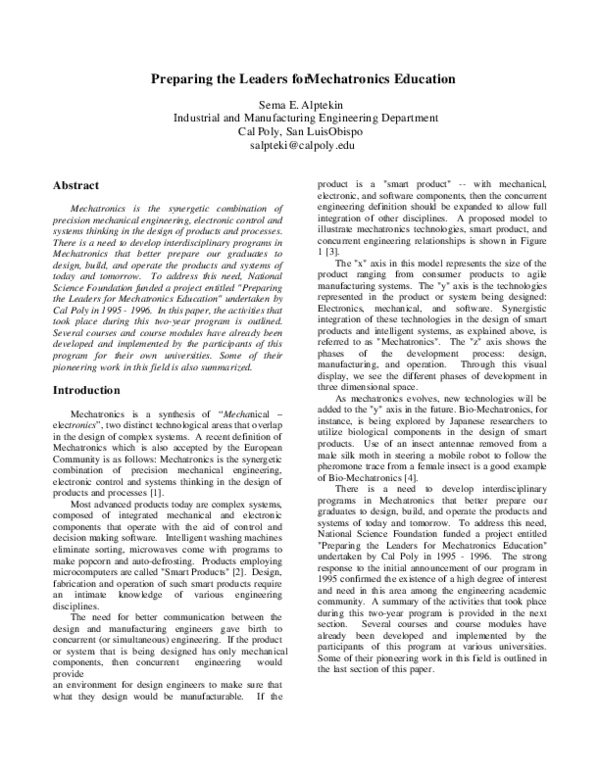 Pdf Preparing The Leaders For Mechatronics Education