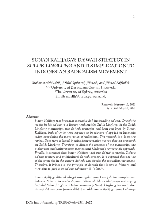 (PDF) Sunan Kalijaga’s Da'Wah Strategy in Suluk Linglung and Its ...