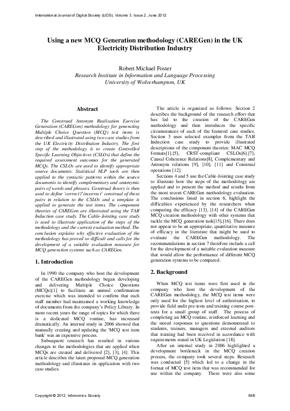 (PDF) Using a new MCQ Generation methodology (CAREGen) in the UK Electricity Distribution Industry