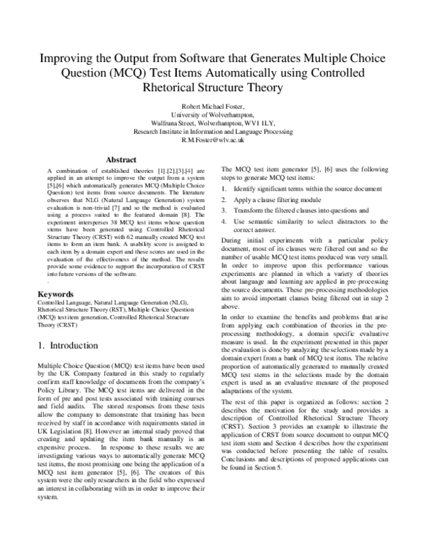 Pdf Improving The Output From Software That Generates Multiple Choice Question Mcq Test