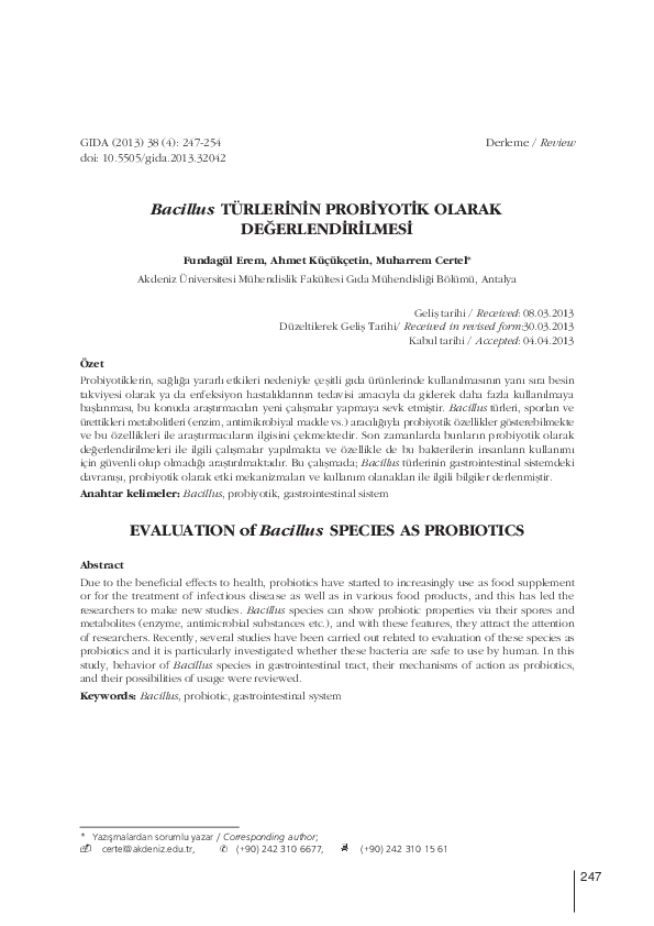 (PDF) Evaluation of Bacillus Species as Probiotics (Turkish with English Abstract) | Fundagül ...