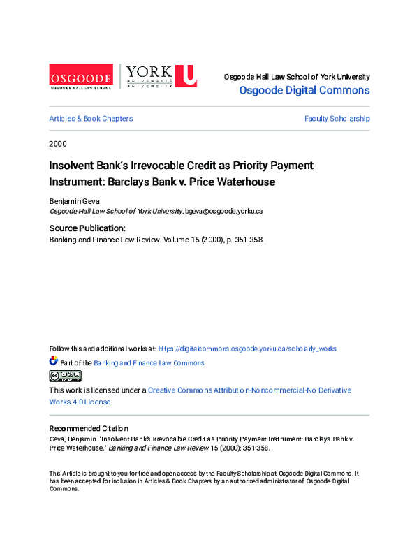 (PDF) Insolvent Bank’s Irrevocable Credit as Priority Payment ...