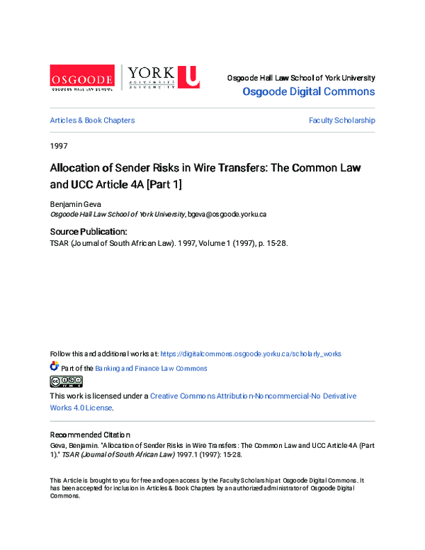 (PDF) Allocation of Sender Risks in Wire Transfers: The Common Law and ...