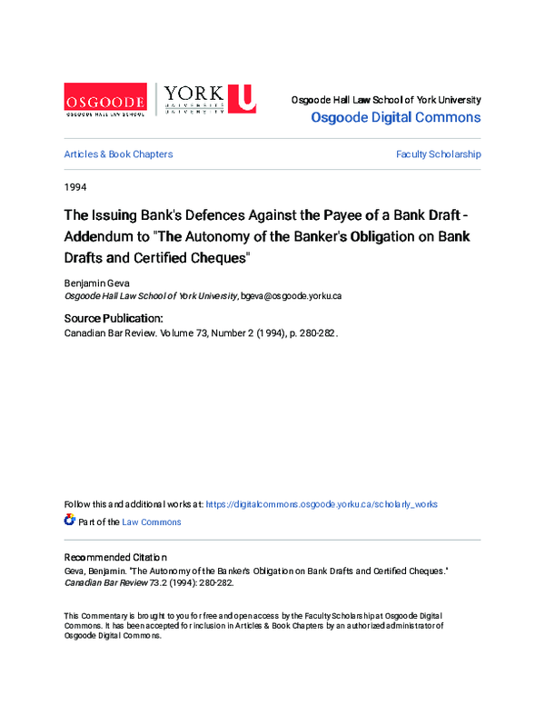 (PDF) The Autonomy of the Banker's Obligation on Bank Drafts and ...