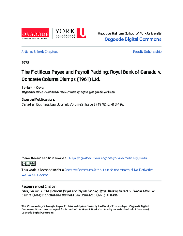 (PDF) The Fictitious Payee and Payroll Padding: Royal Bank of Canada v ...
