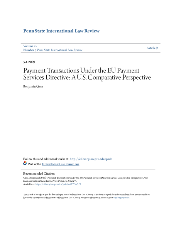 Payment Transactions Under the EU Payment Services Directive: A U.S ...