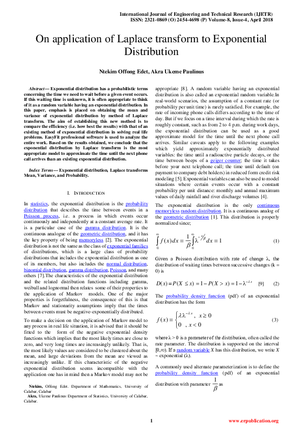(PDF) On application of Laplace transform to Exponential Distribution