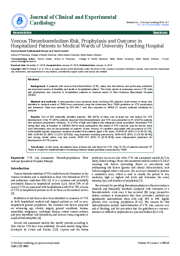 (PDF) Venous Thromboembolism Risk, Prophylaxis and Outcome in Hospitalized Patients to Medical ...