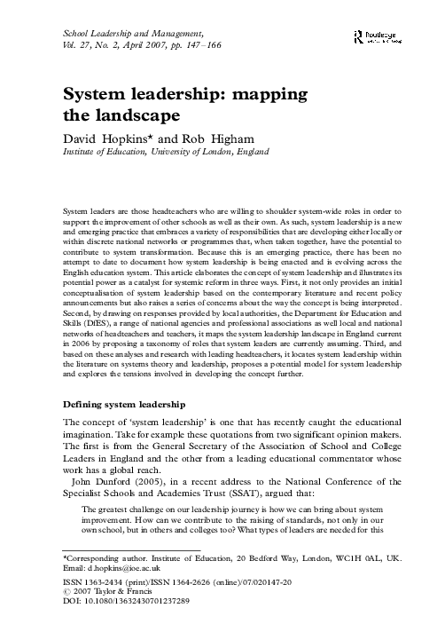 (PDF) System leadership: mapping the landscape