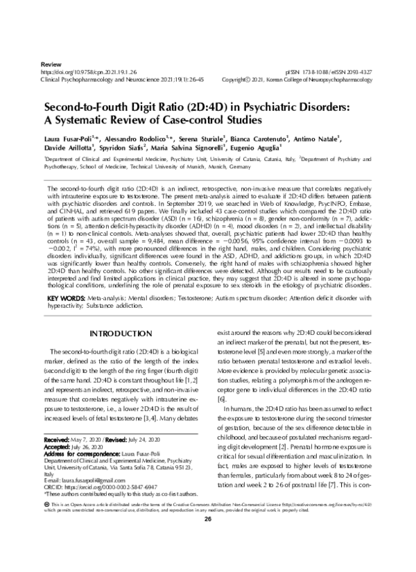 (PDF) Second-to-Fourth Digit Ratio (2D:4D) in Psychiatric Disorders: A ...