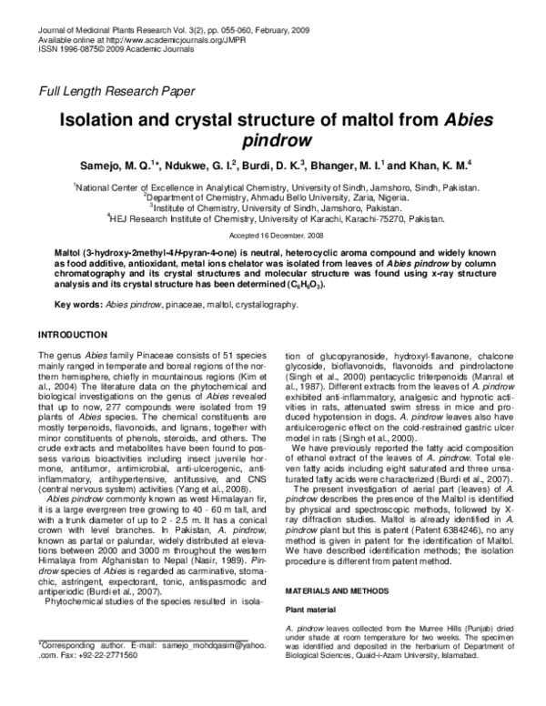 (PDF) Isolation and crystal structure of maltol from Abies pindrow