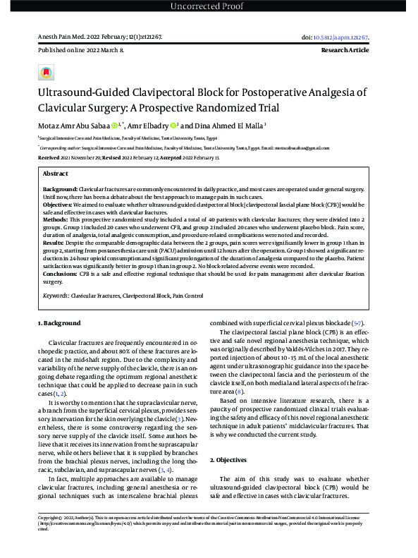 (PDF) Ultrasound-Guided Clavipectoral Block for Postoperative Analgesia ...