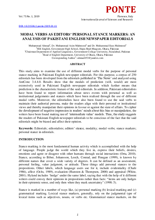 (PDF) Modal Verbs as Editors’ Personal Stance Markers: An Analysis of ...