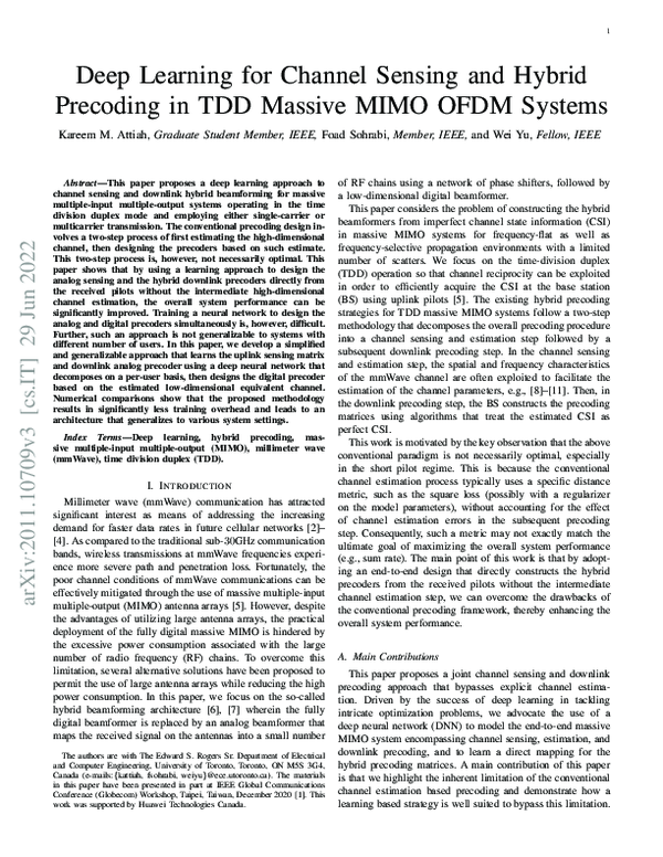 (PDF) Deep Learning for Channel Sensing and Hybrid Precoding in TDD Massive MIMO OFDM Systems