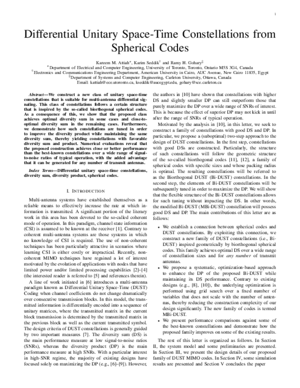 (PDF) Differential Unitary Space-Time Constellations From Spherical Codes
