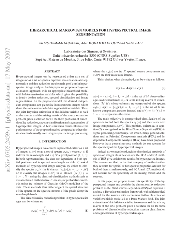 Pdf Hierarchical Markovian Models For Hyperspectral Image Segmentation