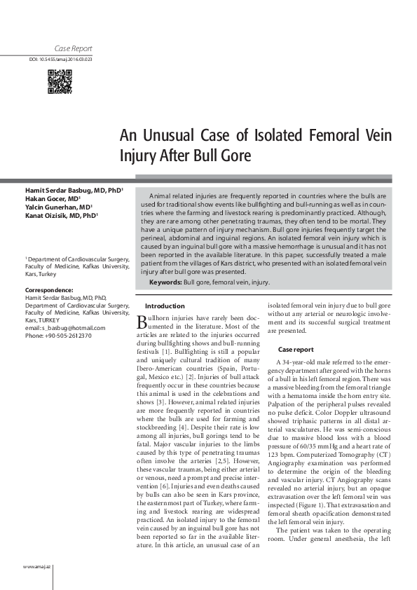 (PDF) An Unusual Case of Isolated Femoral Vein Injury After Bull Gore