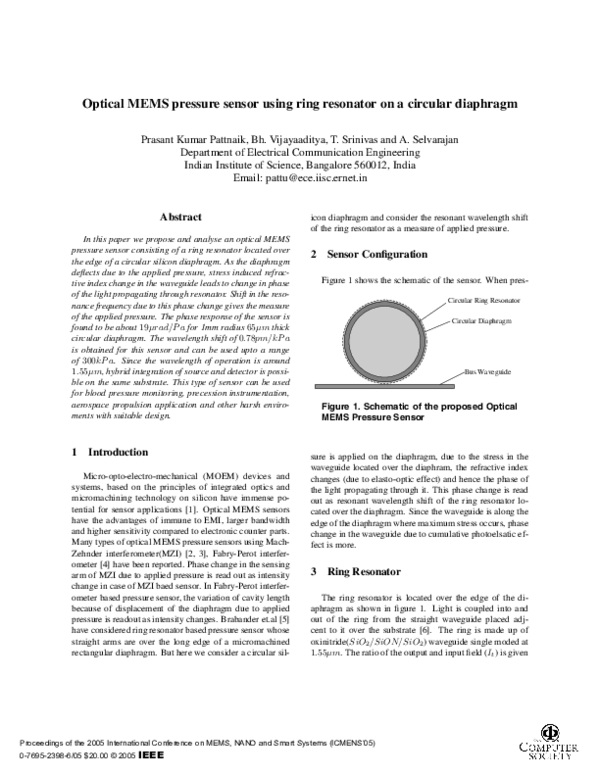 (PDF) Optical MEMS pressure sensor using ring resonator on a circular diaphragm